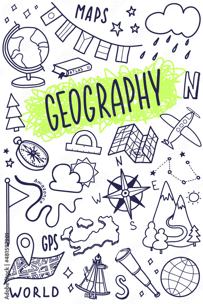 Geography cover template. School subject icon set design. Education ...