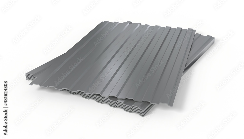 3d render illustration steel metal zinc galvanized wave sheets for roof ...