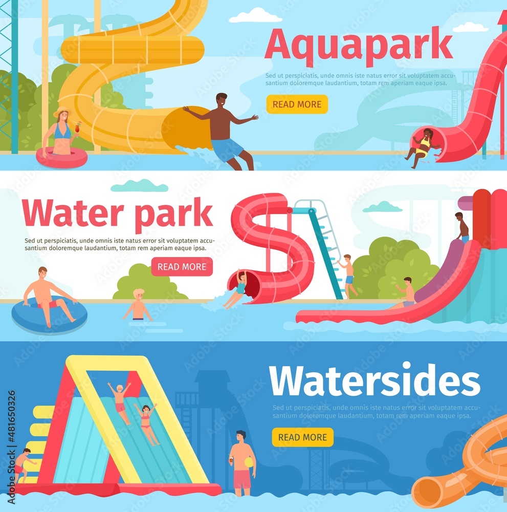 Horizontal banner for aquapark rides with people on water slides ...