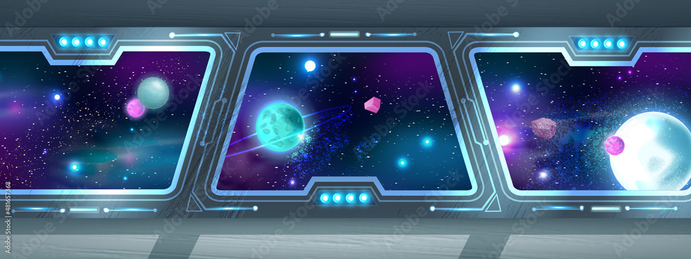 Space ship interior background, futuristic shuttle view, planets ...