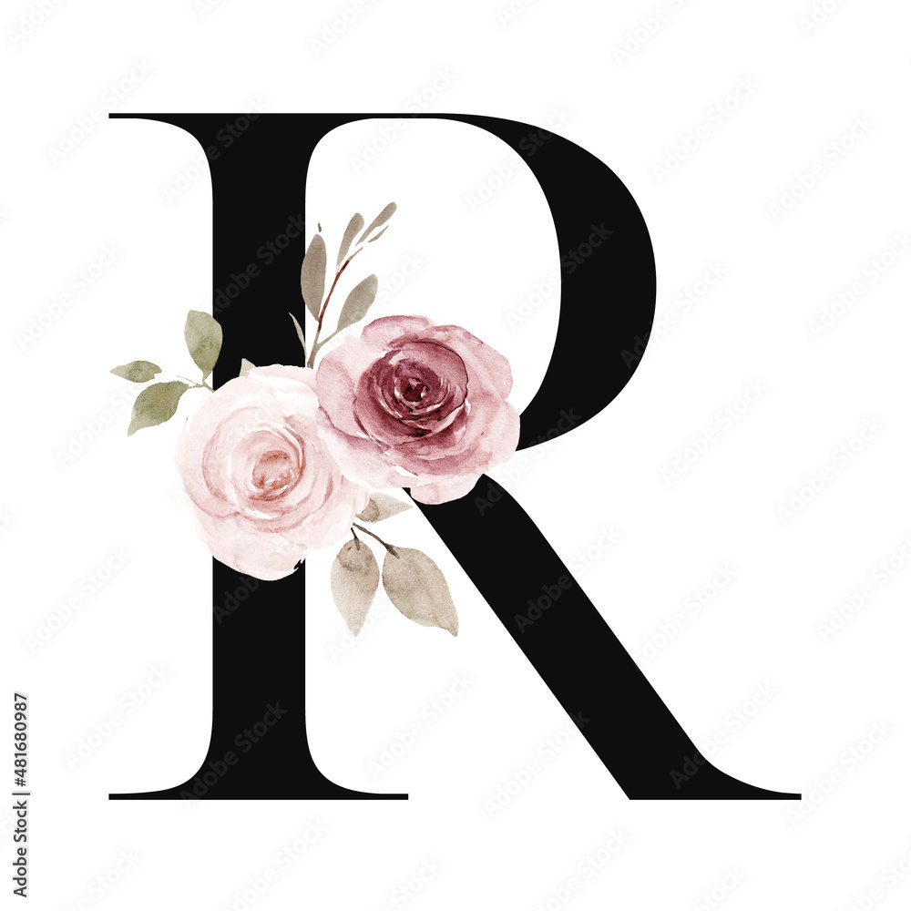 Monogram, letter r with watercolor flowers and leaf. Alphabet perfectly ...