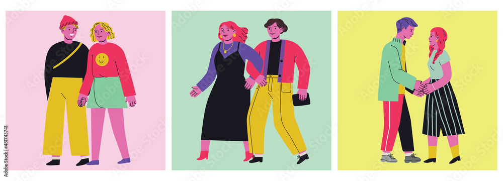 Set of cute couples walking together holding hands. Hand drawn vector ...