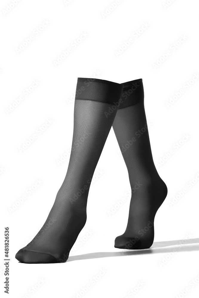 Detailed shot of black women socks with a wide rubber band. The nylon ...