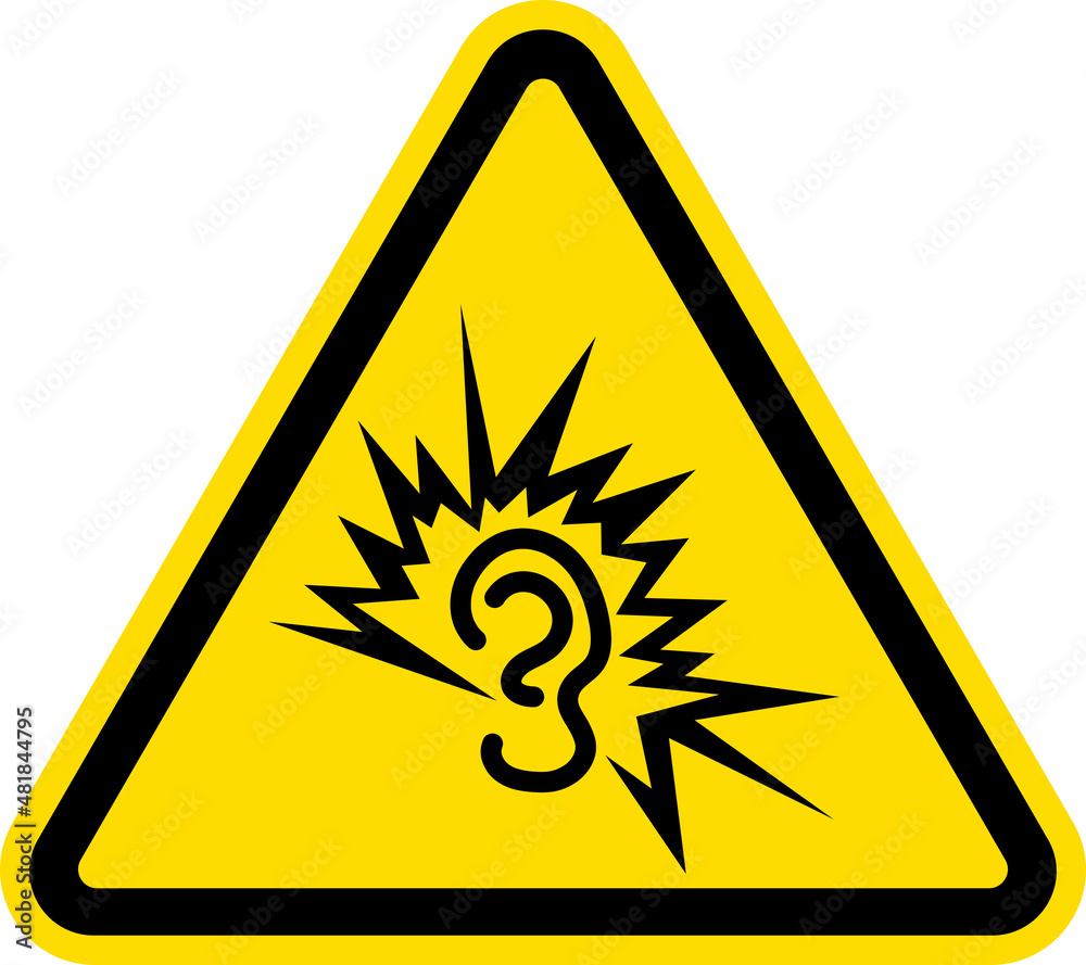 Loud noise warning sign. Triangle yellow background. Safety signs and ...