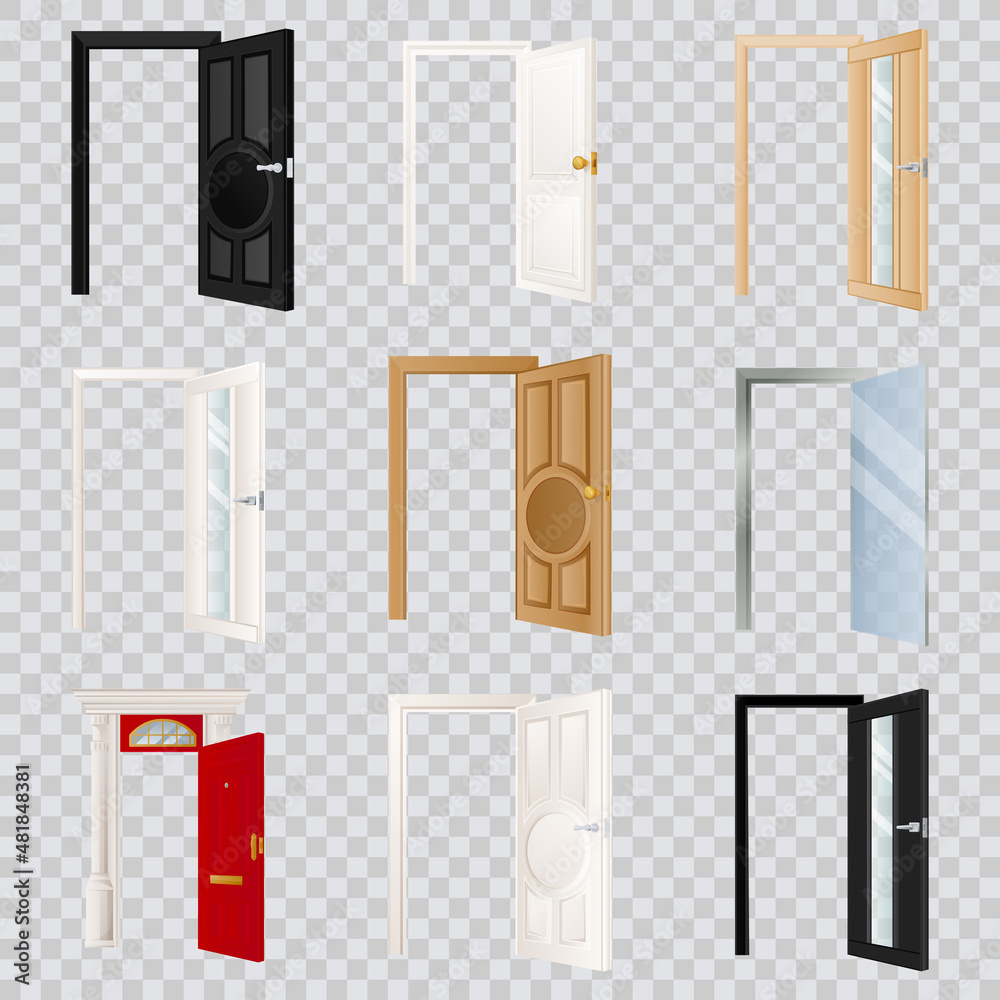 Open doors set, isolated on transparent background. Classical wooden ...