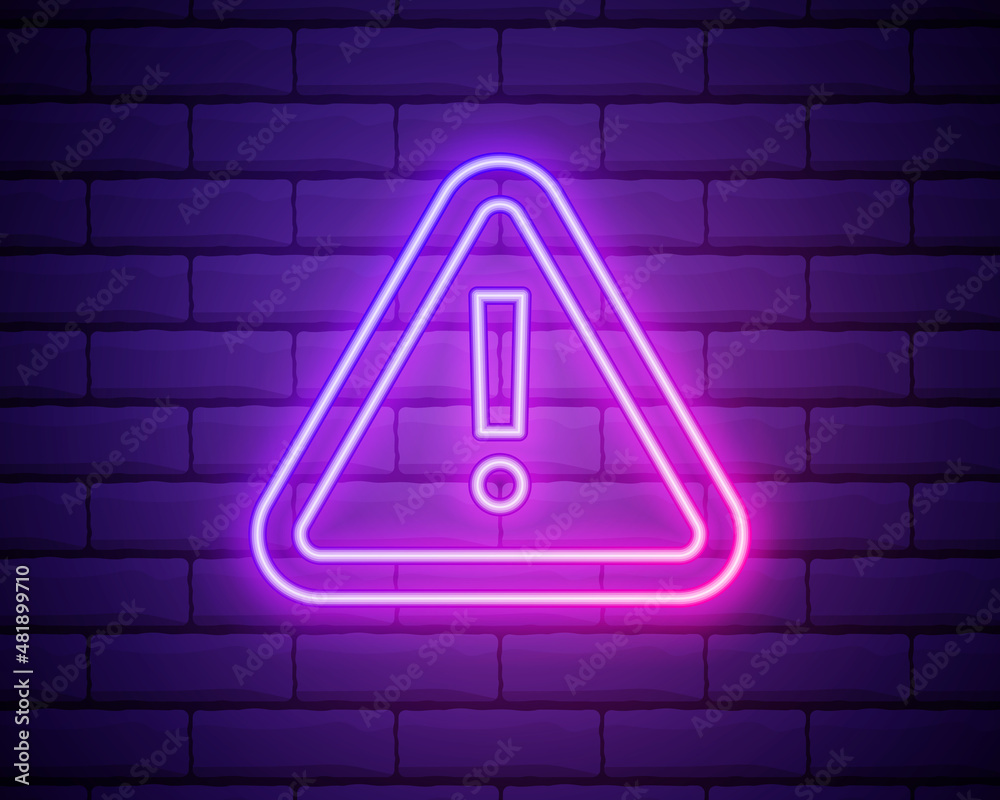 Caution neon sign on brick wall. Glowing exclamation mark icon. Warning ...