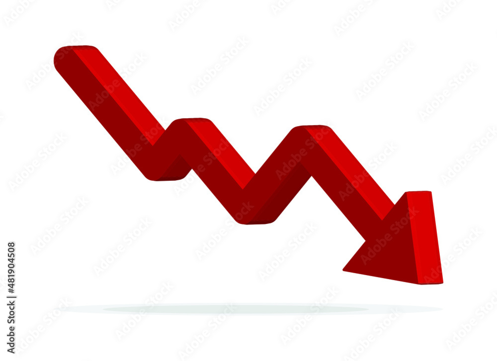 Red 3d arrow going down stock icon on white background. Bankruptcy, financial market crash icon ...