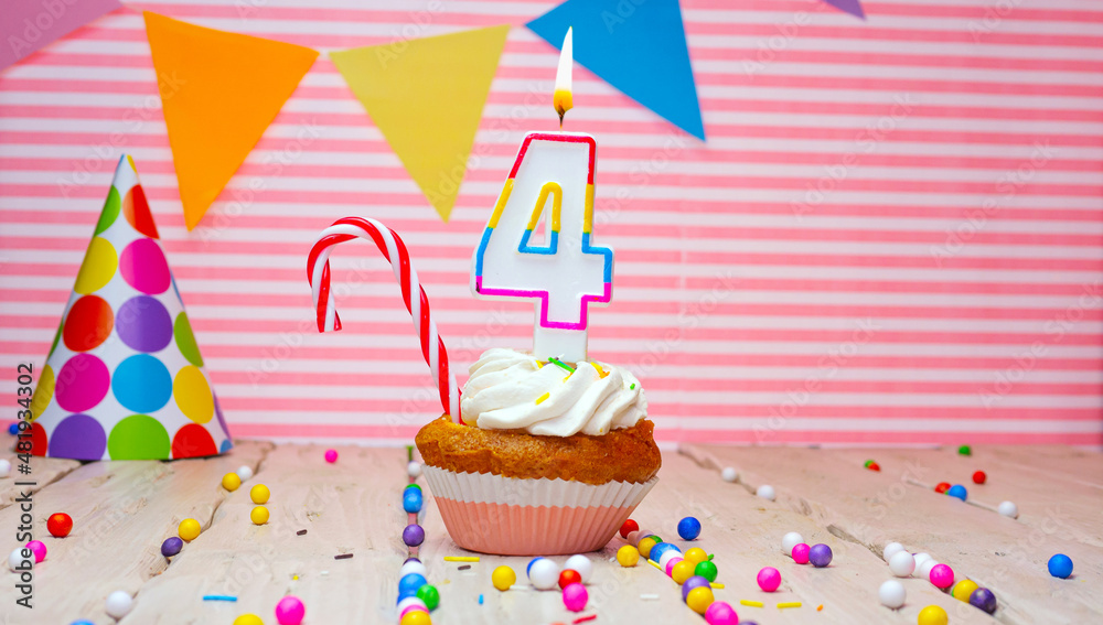 Happy birthday card for the age of four on a pink background. Beautiful ...