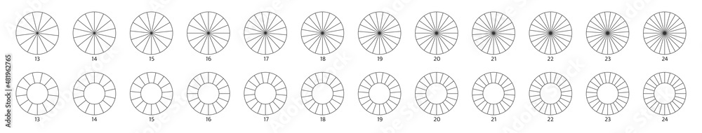 Pie chart icon. Segment slice sign. Circle section graph line art. 14,17,18 segment infographic ...
