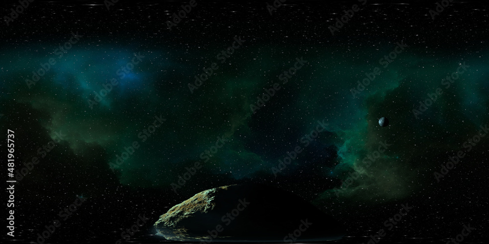 360 degree rock planet with moon on starry space background ...