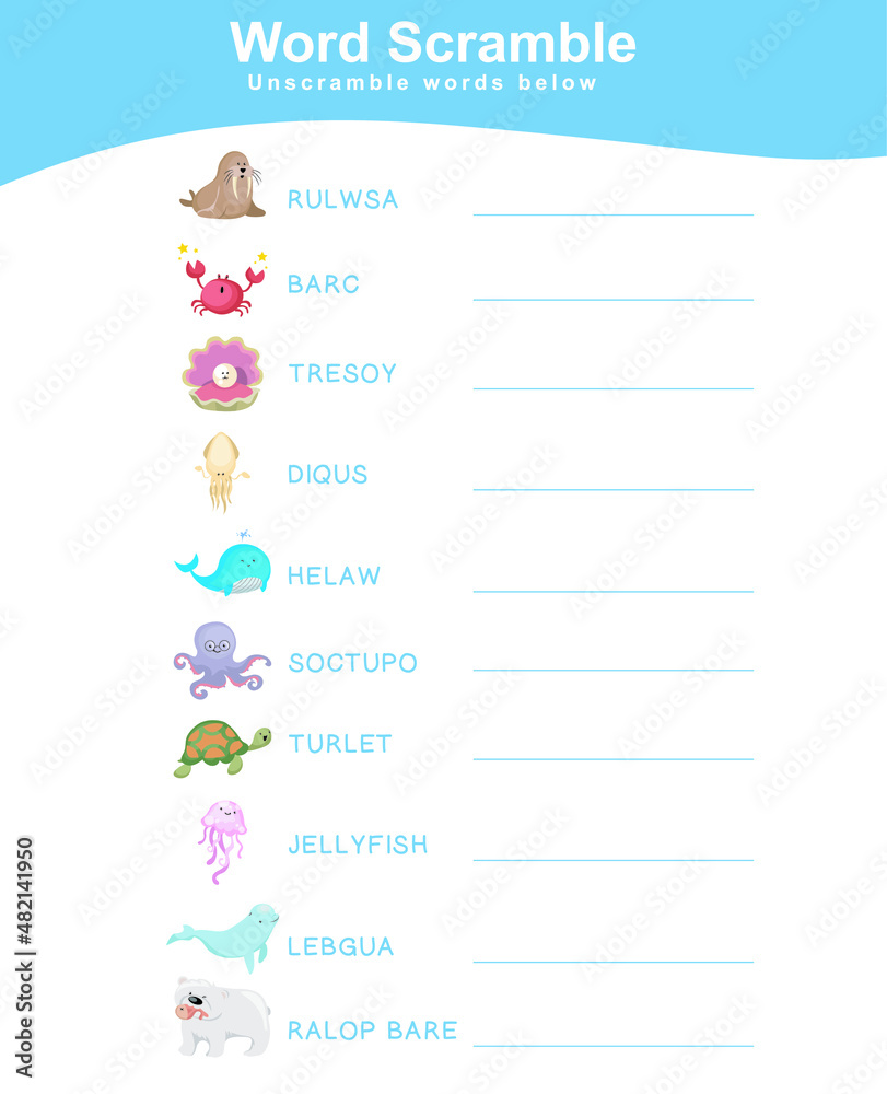 Spelling Word Scramble Game Sea Animals Edition. Worksheet for learning ...