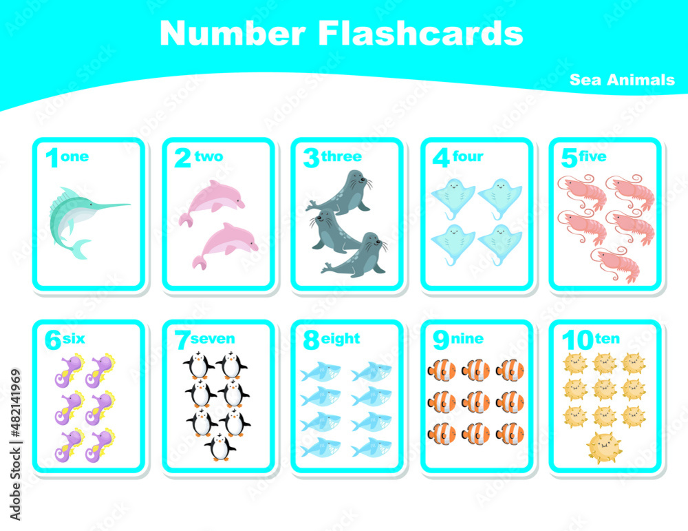 Cute number flashcards with sea animals set. English counting 1 to ten ...