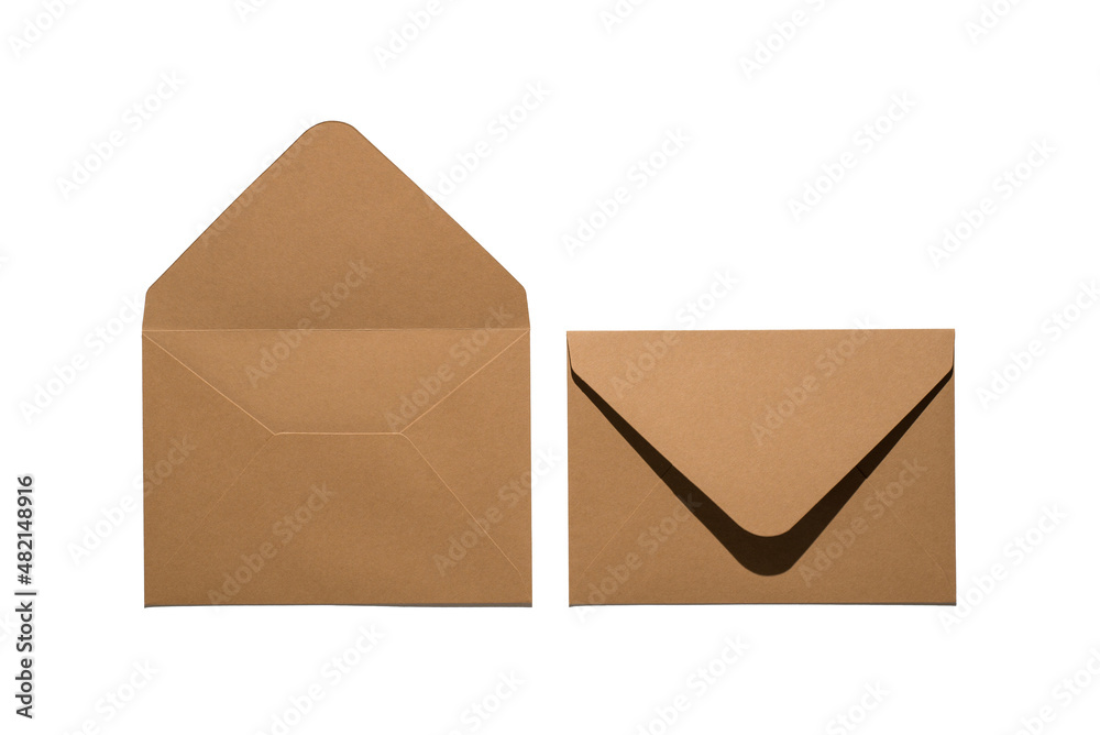 Top view photo of two open and closed craft paper envelopes on isolated ...