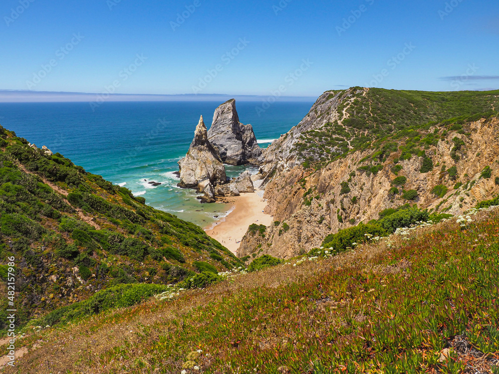 Beautiful Portuguese landscape. Blue Atlantic Ocean and amazing steep ...