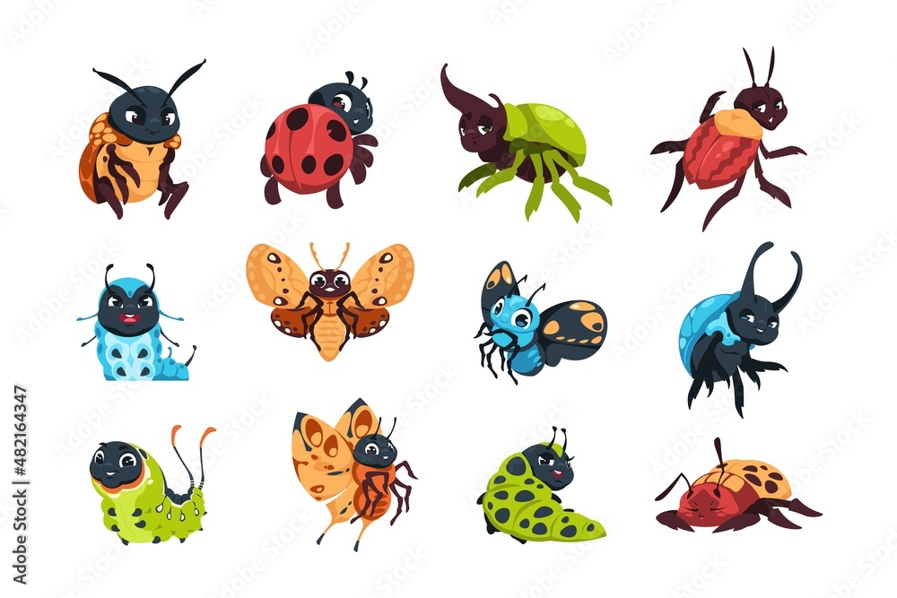 Cartoon bugs. Cute happy ladybug caterpillar and butterfly with funny ...