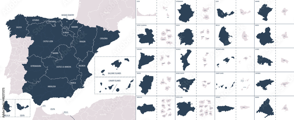 Vector color detailed map of Spain with the administrative divisions of the country, each ...