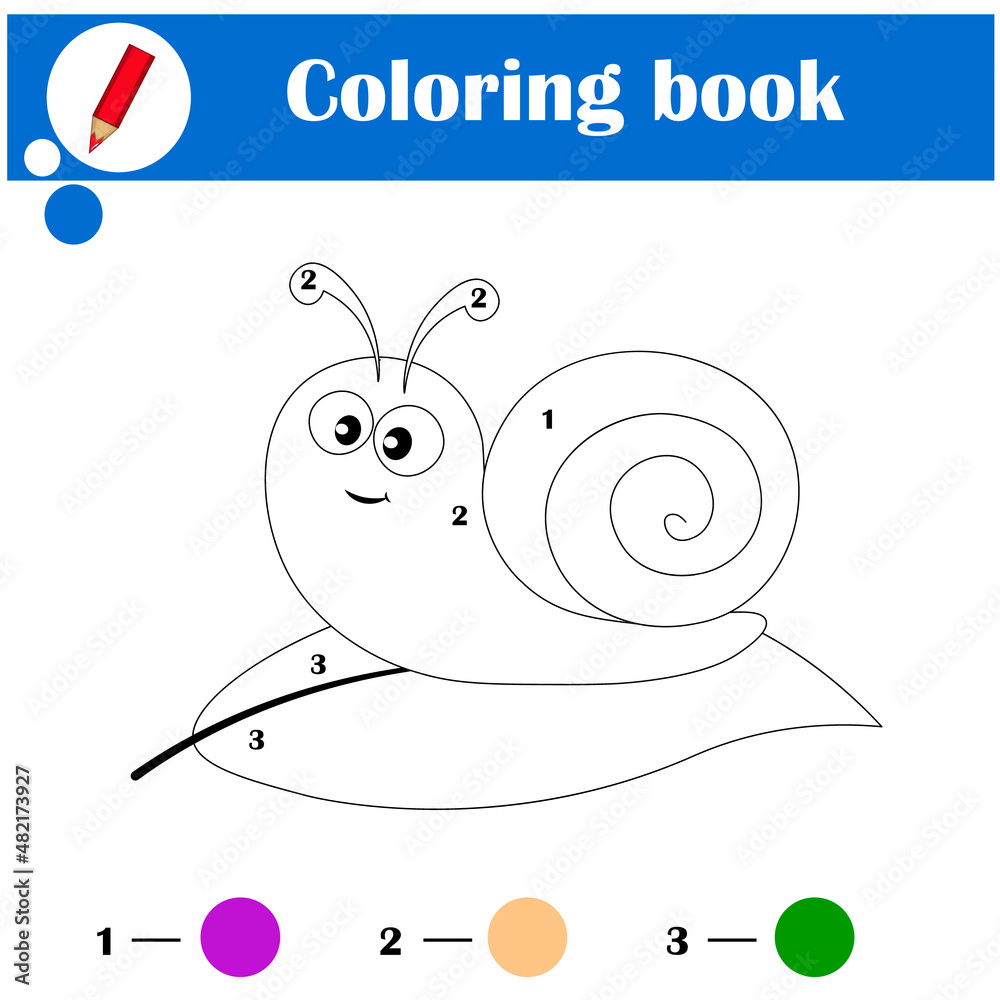 Coloring page with snail. Color by numbers educational children game ...