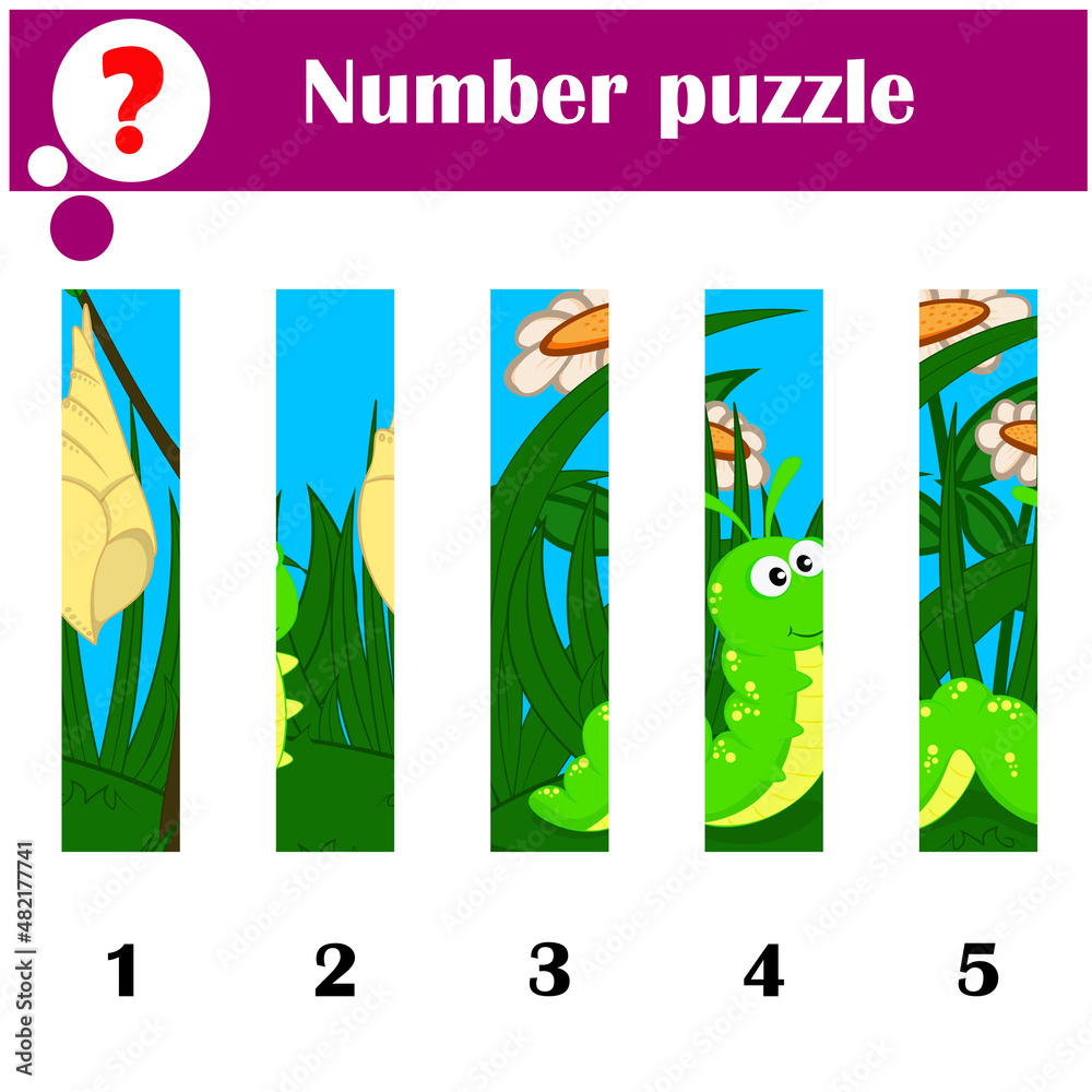 Counting number puzzle. From 1 to 5. Cut and assemble. Cute caterpillar ...