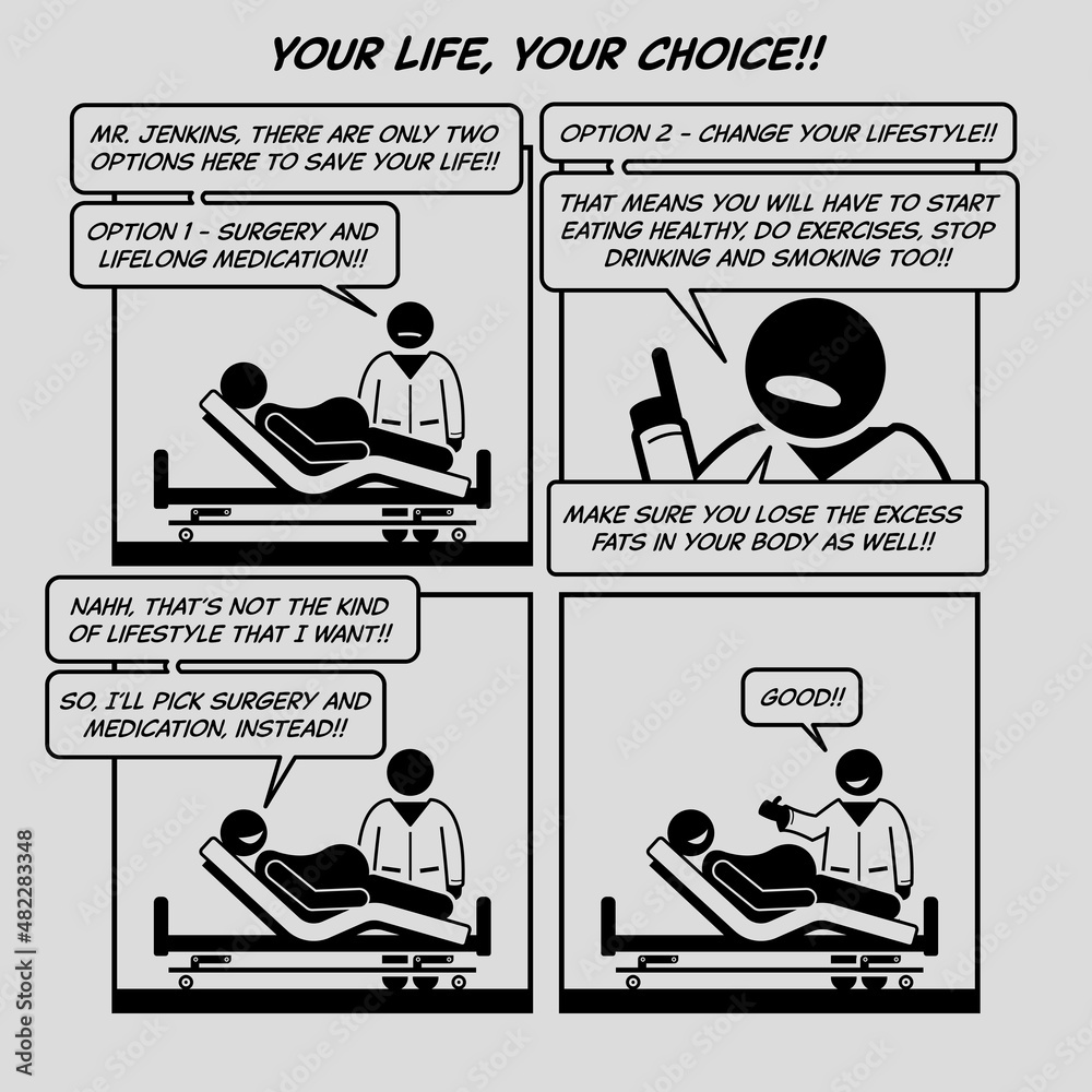 Funny comic strip. Your life, your choice. Doctor talking with ...