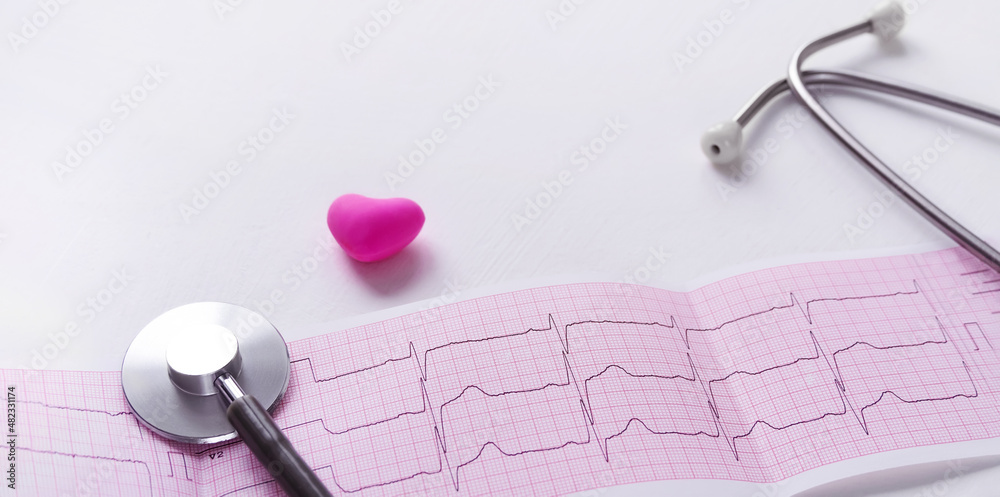 ECG diagram paper phonendoscope medical examination banner background ...