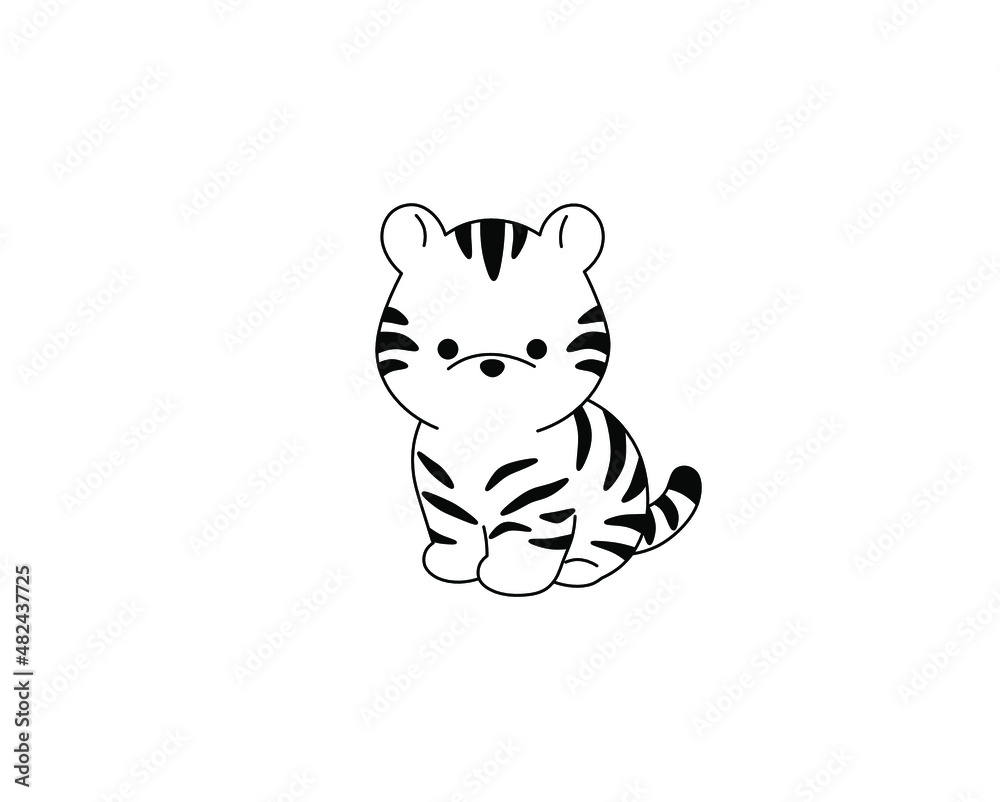 Vector isolated cute cartoon baby tiger colorless black and white ...