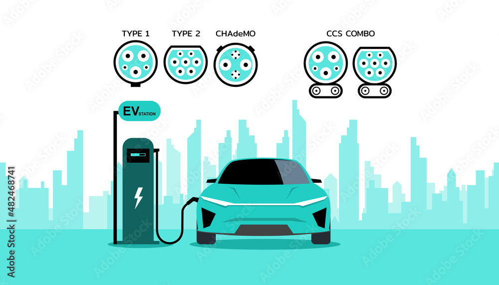 Basic connectors for charging an electric car. EV type adapters. Vector ...