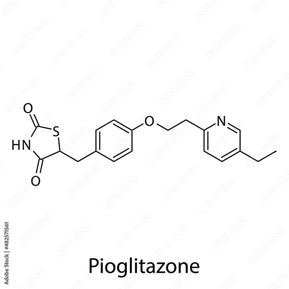 Pioglitazone molecular structure, flat skeletal chemical formula ...