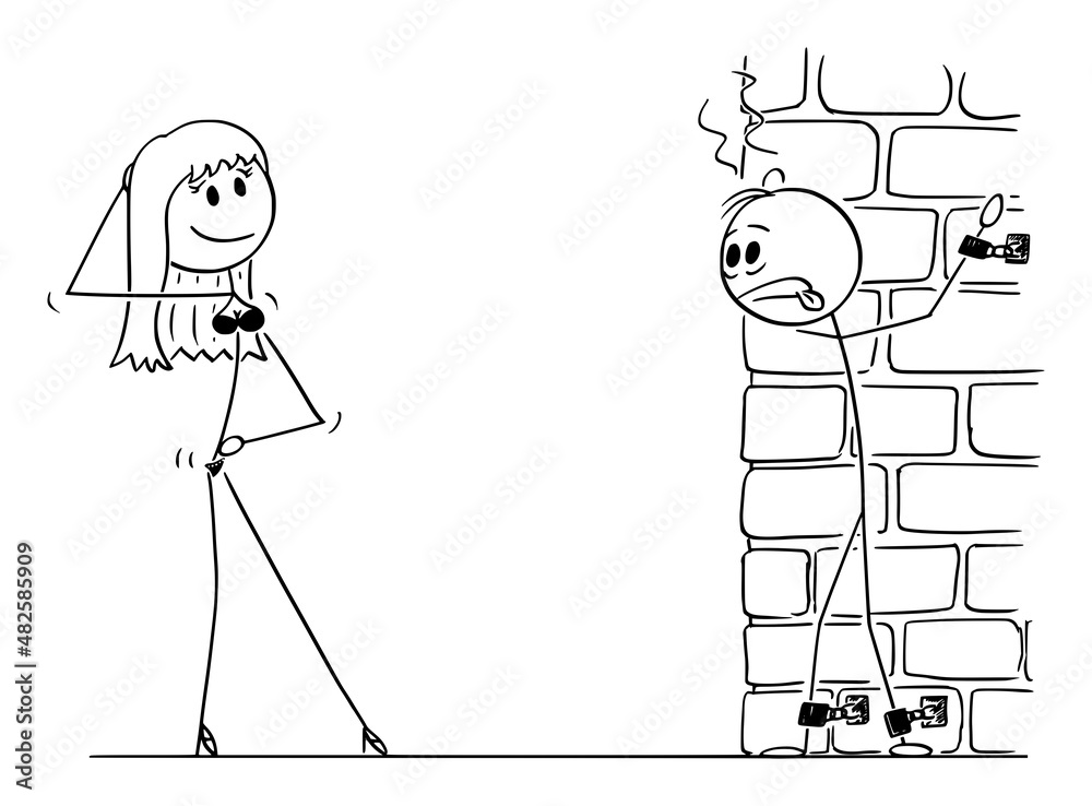 Man Chained to Wall, Sexual Frustration , Vector Cartoon Stick Figure ...