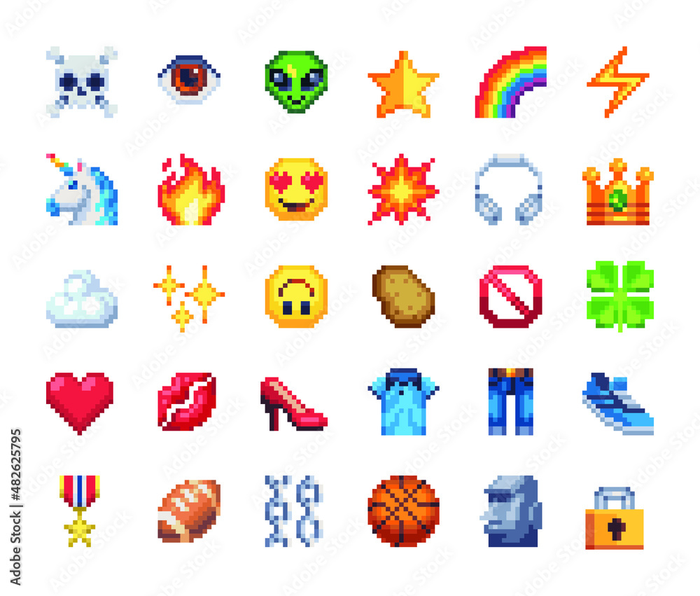 Pixel art icons set. Various funny emoji, skull, eye, star, rainbow ...
