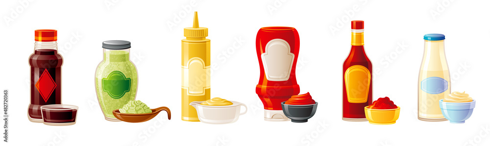 Sauces icon set. Soy, Wasabi, Mustard, Ketchup, Hot Chilli, Mayonnaise ...
