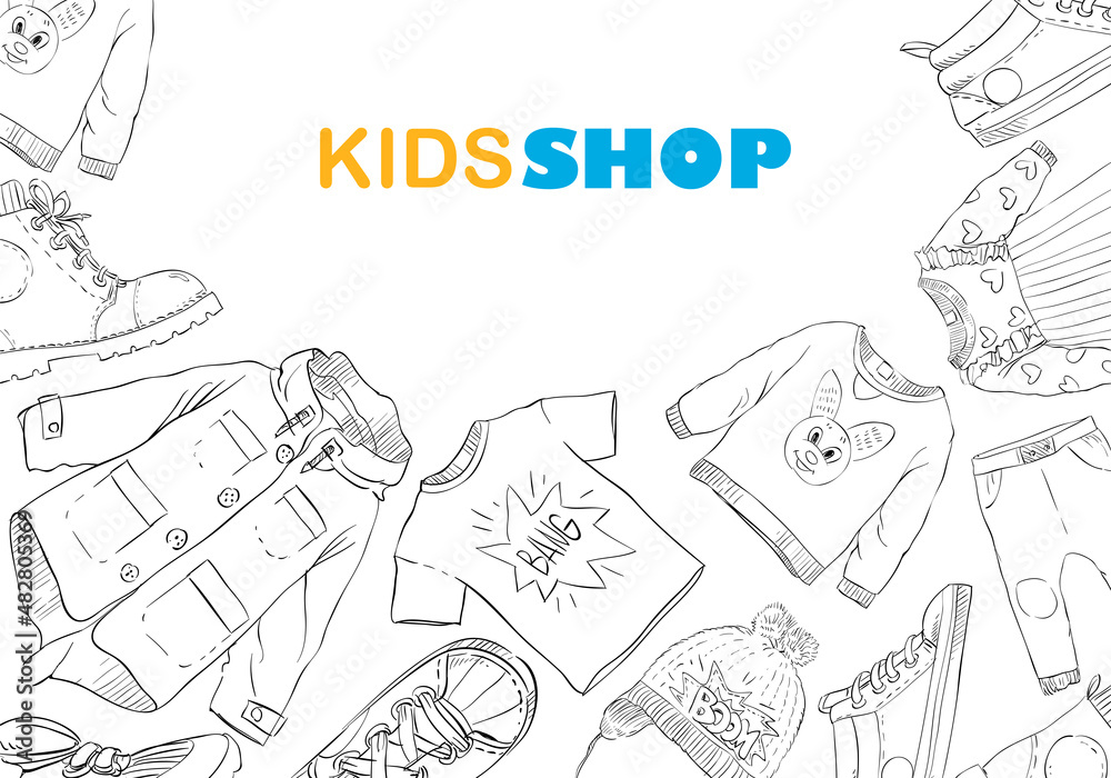 Kids fashion shop backgrounds. Hand drawn design sketch template banner ...