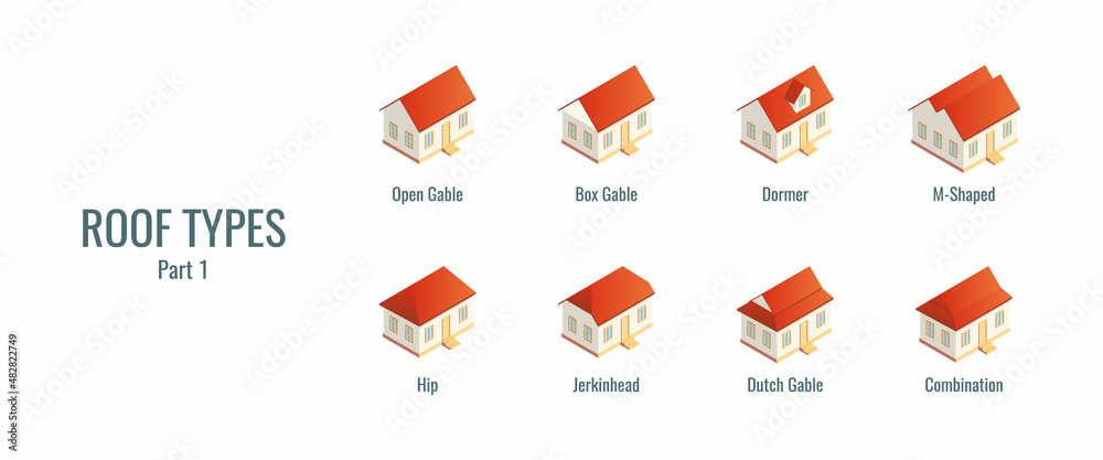 Isometric vector illustration roof types isolated on white background ...