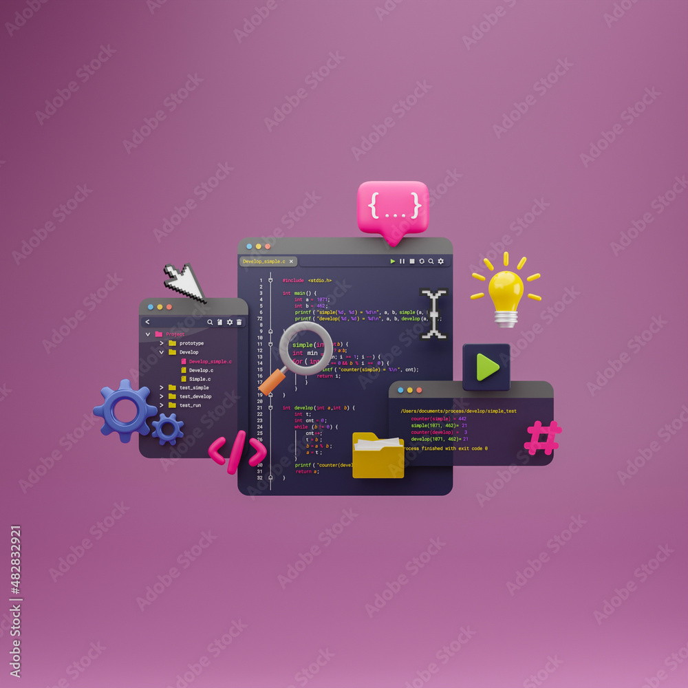 Illustration Stock Programmer developer typing script source languages coding symbols icon ...