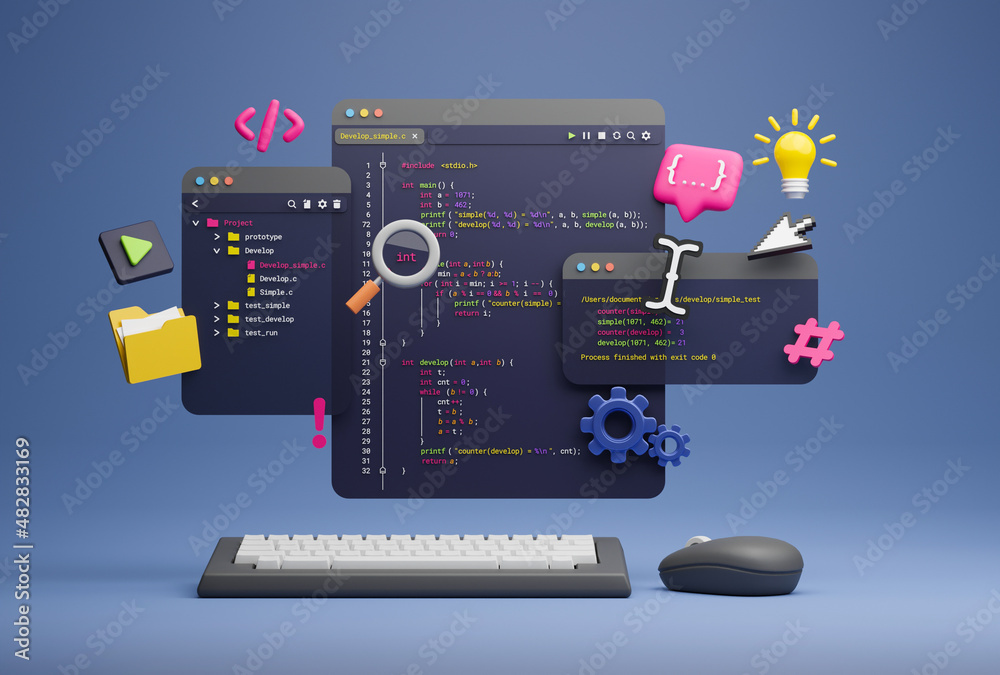 Ilustración de Stock Programmer developer typing script source languages coding symbols icon ...