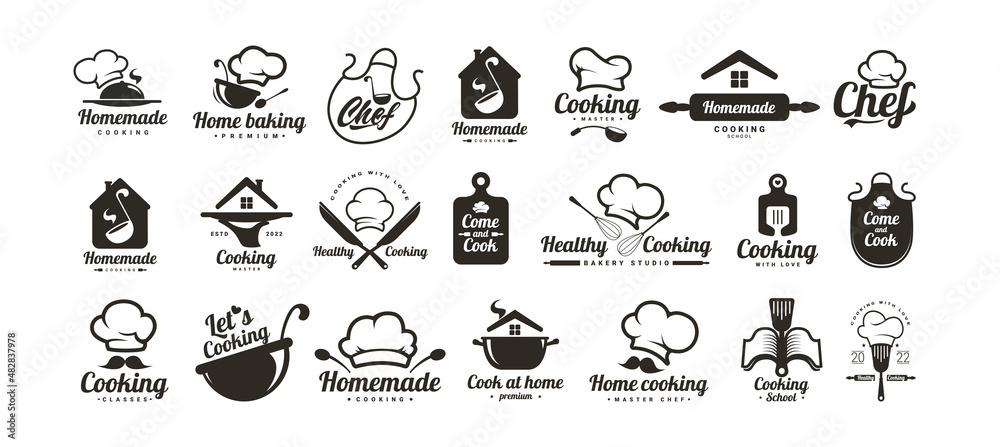 Healthy cooking logos set. Food logo. Kitchen phrases. Home cook, chef ...