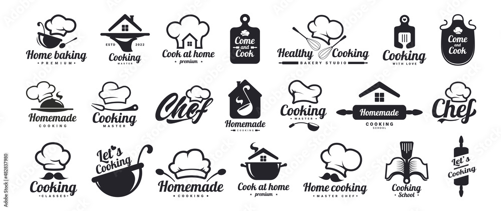 Cooking logos set. Healthy. Food logo. Kitchen phrases. Home cook, chef ...