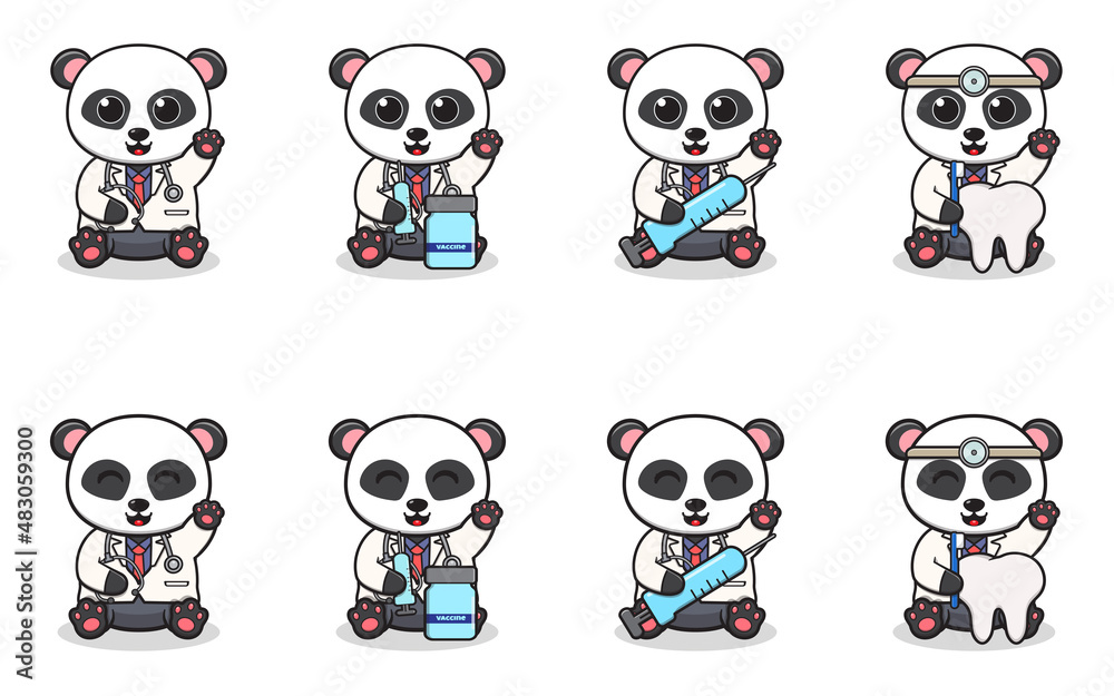 Vector Illustration of Cute Panda with Doctor costume siting and hand ...