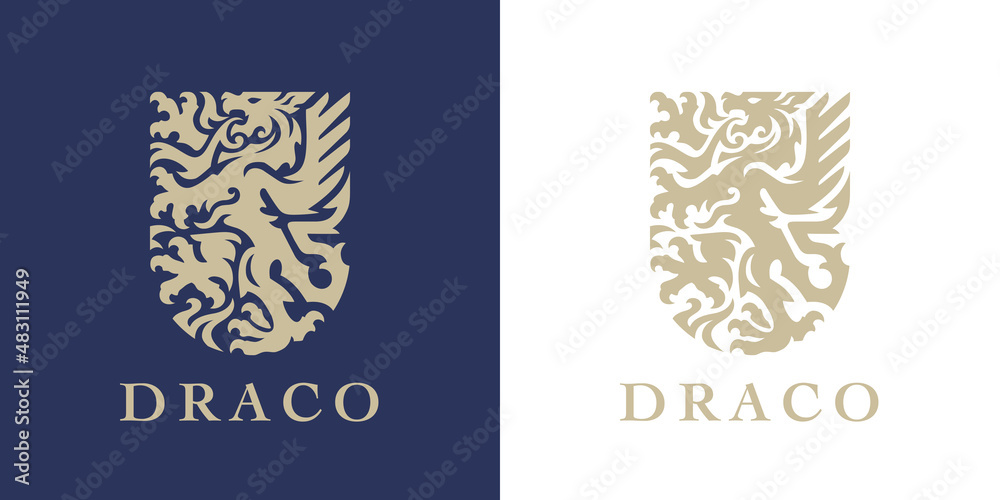 เวกเตอร์ Stock Heraldic dragon crest logo. Winged draco serpent shield ...