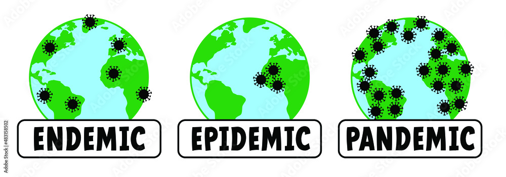 Image vectorielle Stock pandemic, epidemic to endemic with cartoon arrow. Corona virus ...