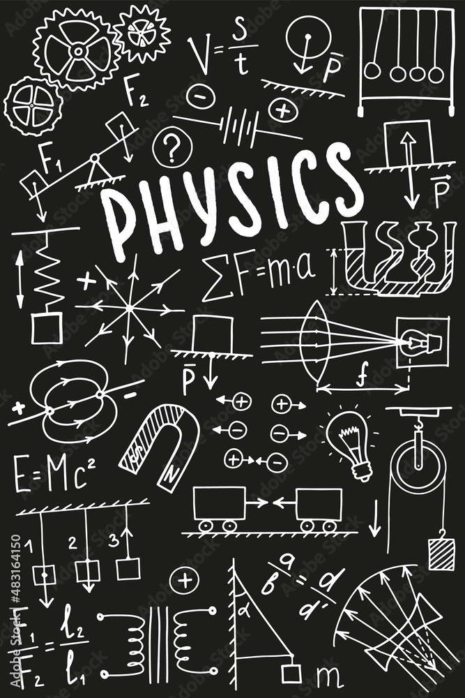 Phisics cover template. Science symbols icon set, subject doodle design ...