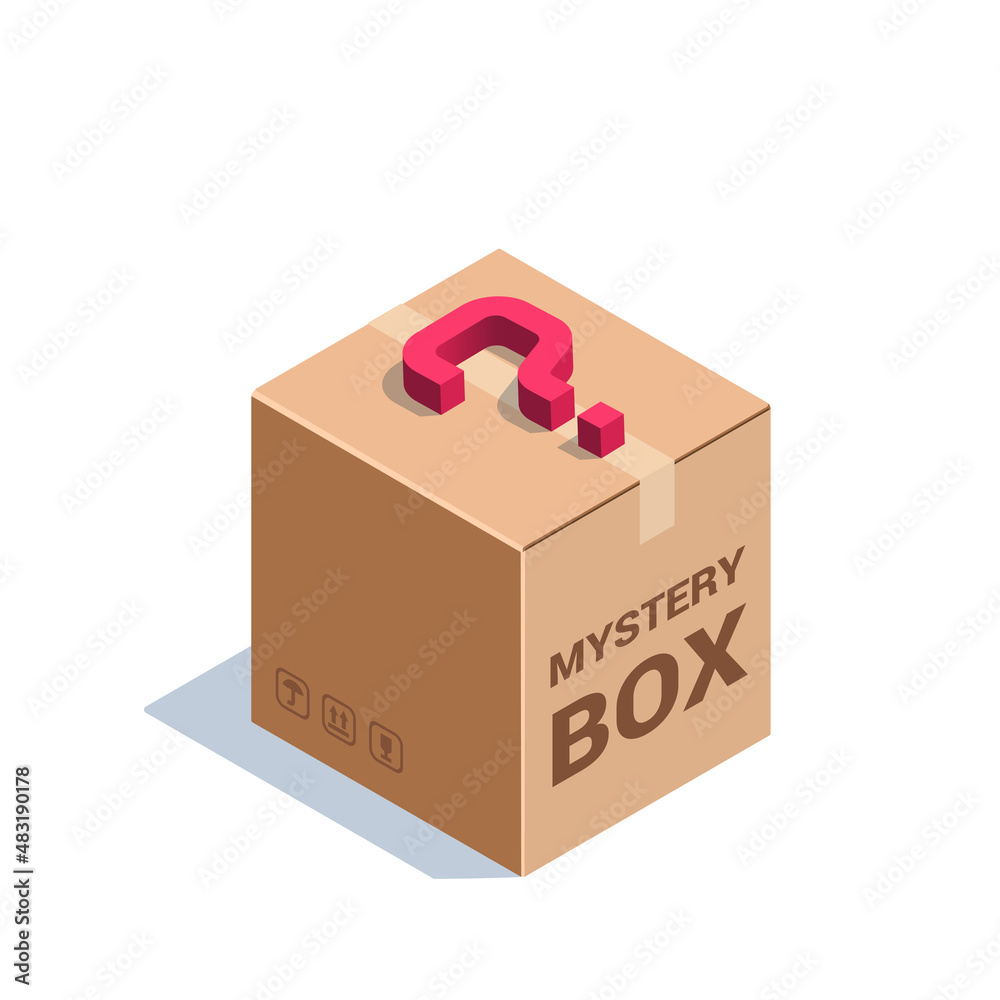 isometric vector illustration isolated on white background, mystery box ...