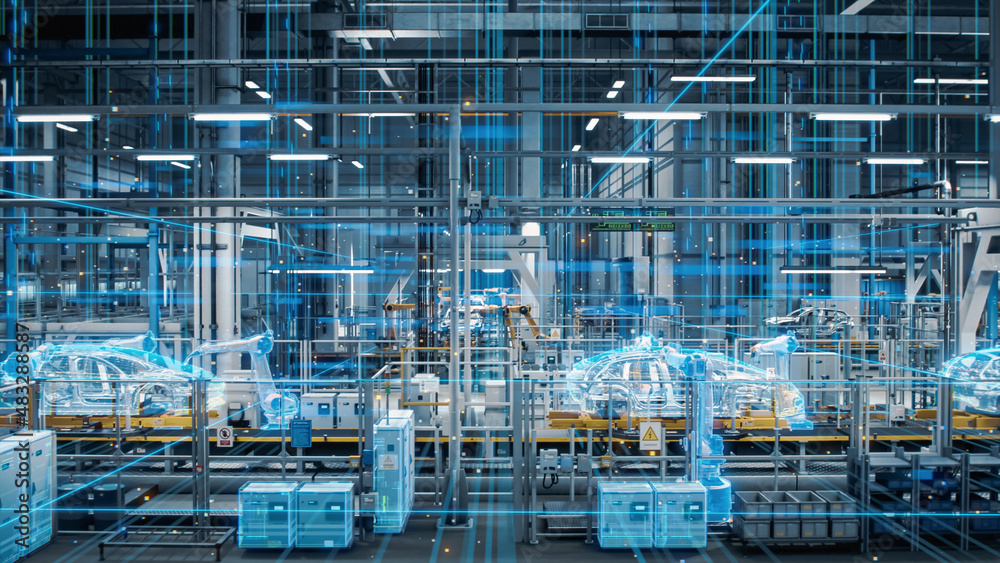 Side-View Car Factory Digitalization: Automated Robot Arm Assembly Line Manufacturing High-Tech ...