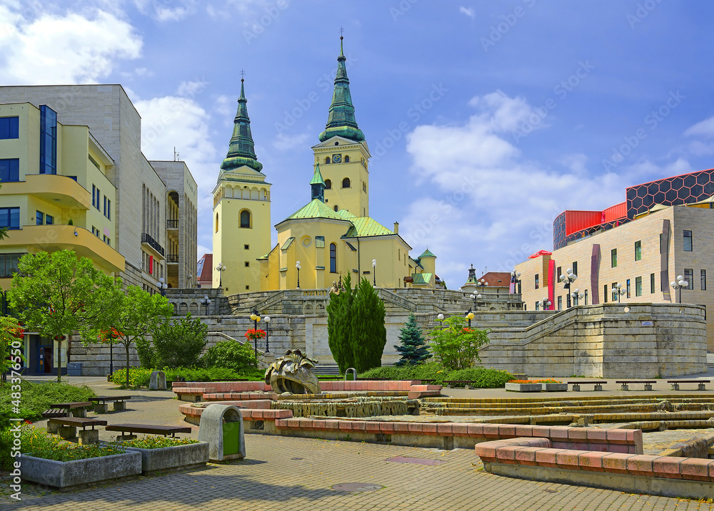 Andrej Hlinka square and Holy Trinity Cathedral of Zilina. Zilina is ...