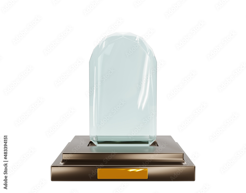 3d render, glass award trophy or winner prize on wooden pedestal, front ...