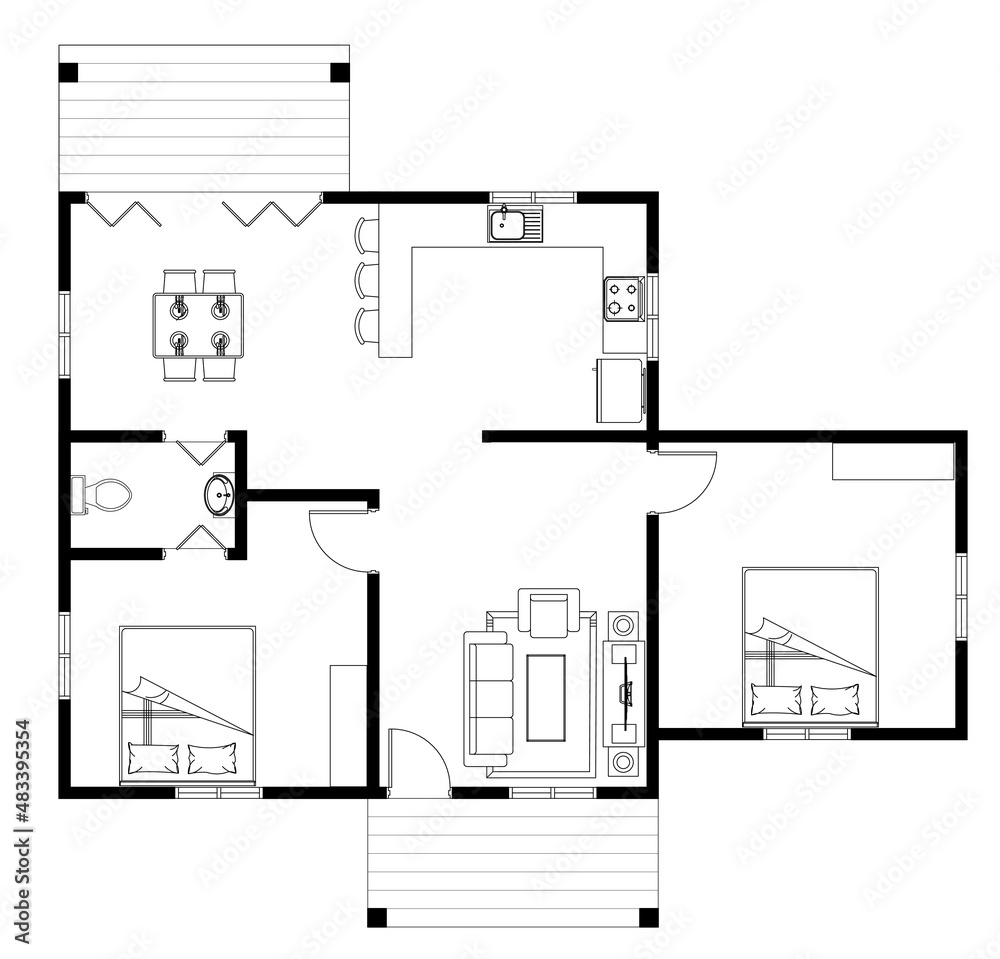 House with 2 bedroom layout plan. Complete with kitchen, bathroom ...