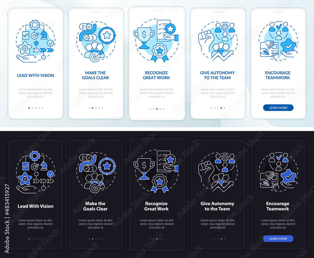 Boost worker motivation night and day mode onboarding mobile app screen ...