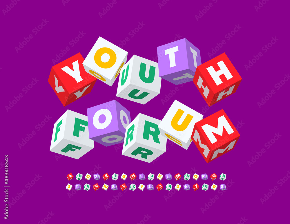 Vector playful poster Youth Forum. Cubic shaped Font for Kids. Colorful ...