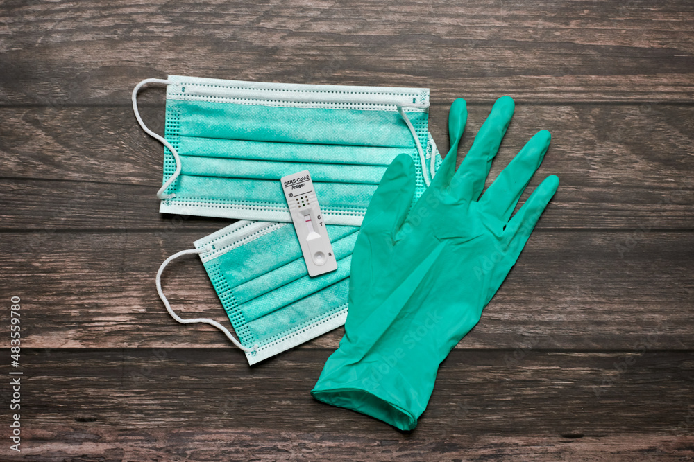 Viral disease test kit for coronavirus with face masks and glove on ...
