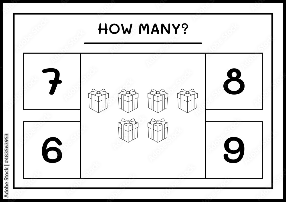 How many gift box, game for children. Vector illustration, printable ...