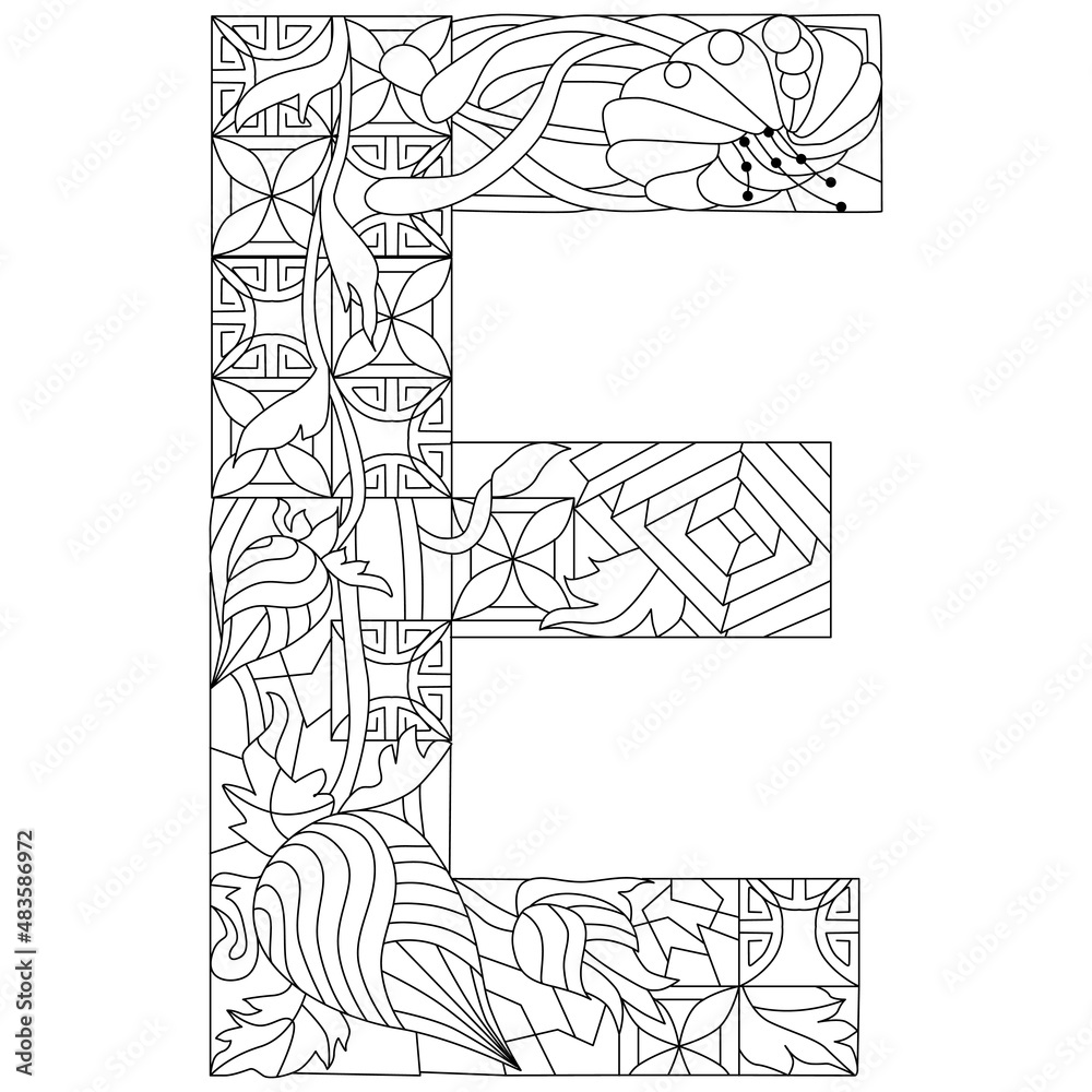 Letter E monogram for coloring, engraving design. Vector illustration ...